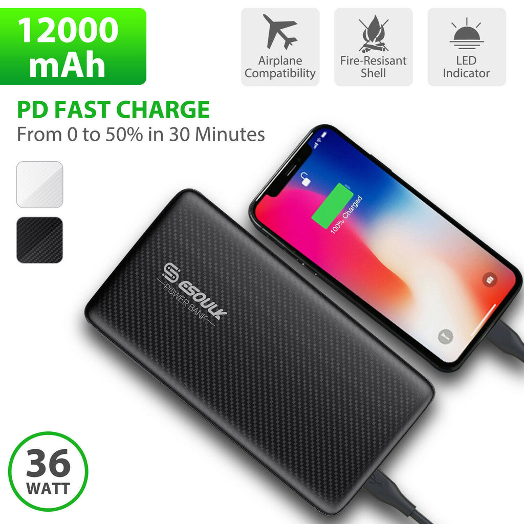 ESOULK 36W 12000mAh PD & USB Fast Charger Power Bank with 1.5ft USB to ...